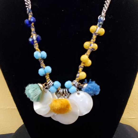 LOFT | Jewelry | New Loft Blue Yellow Bead Pom Pom Necklace 592 | Poshmark